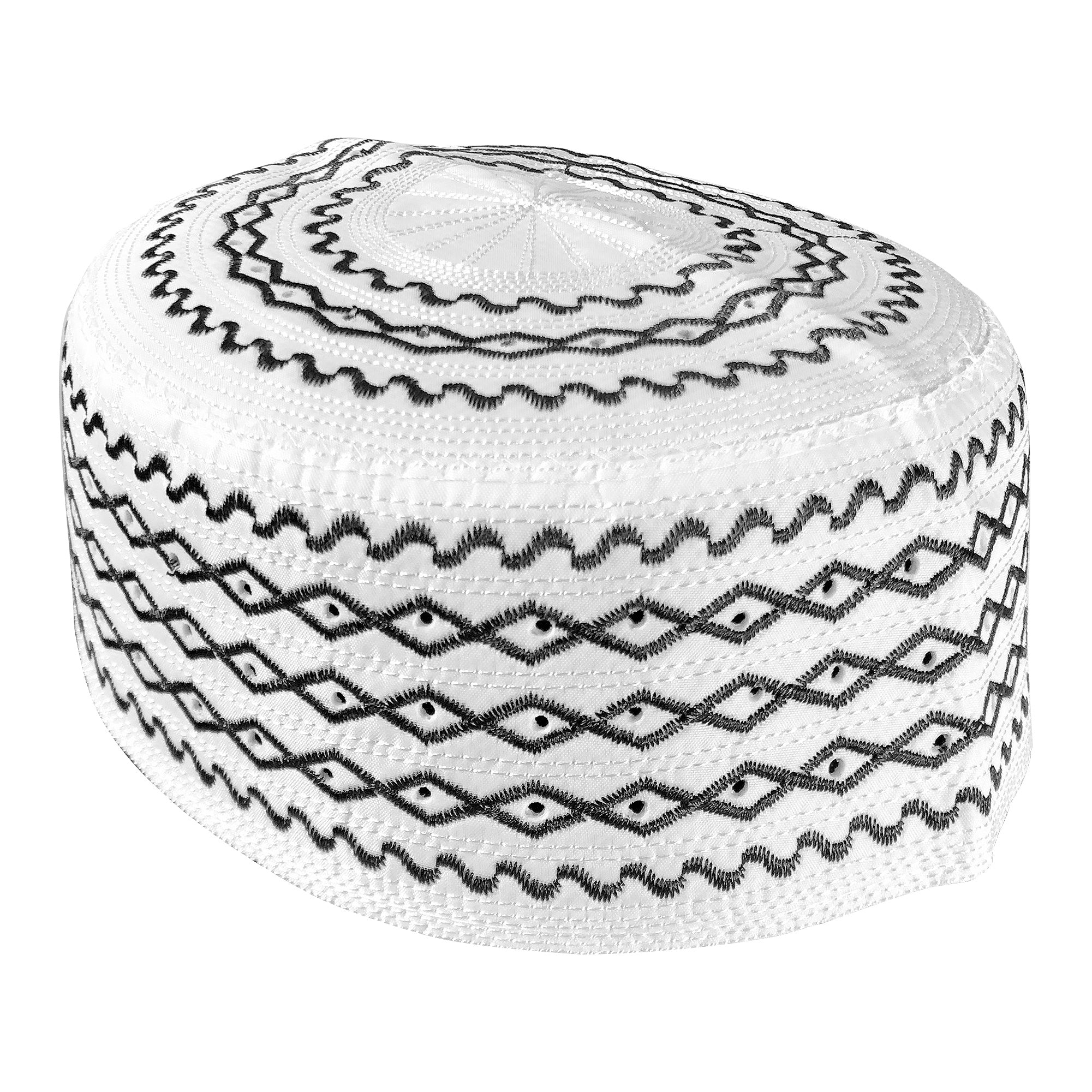 Diamond Embroidered White Minimalist Design Muslim Hard Kufi Hat - KH477