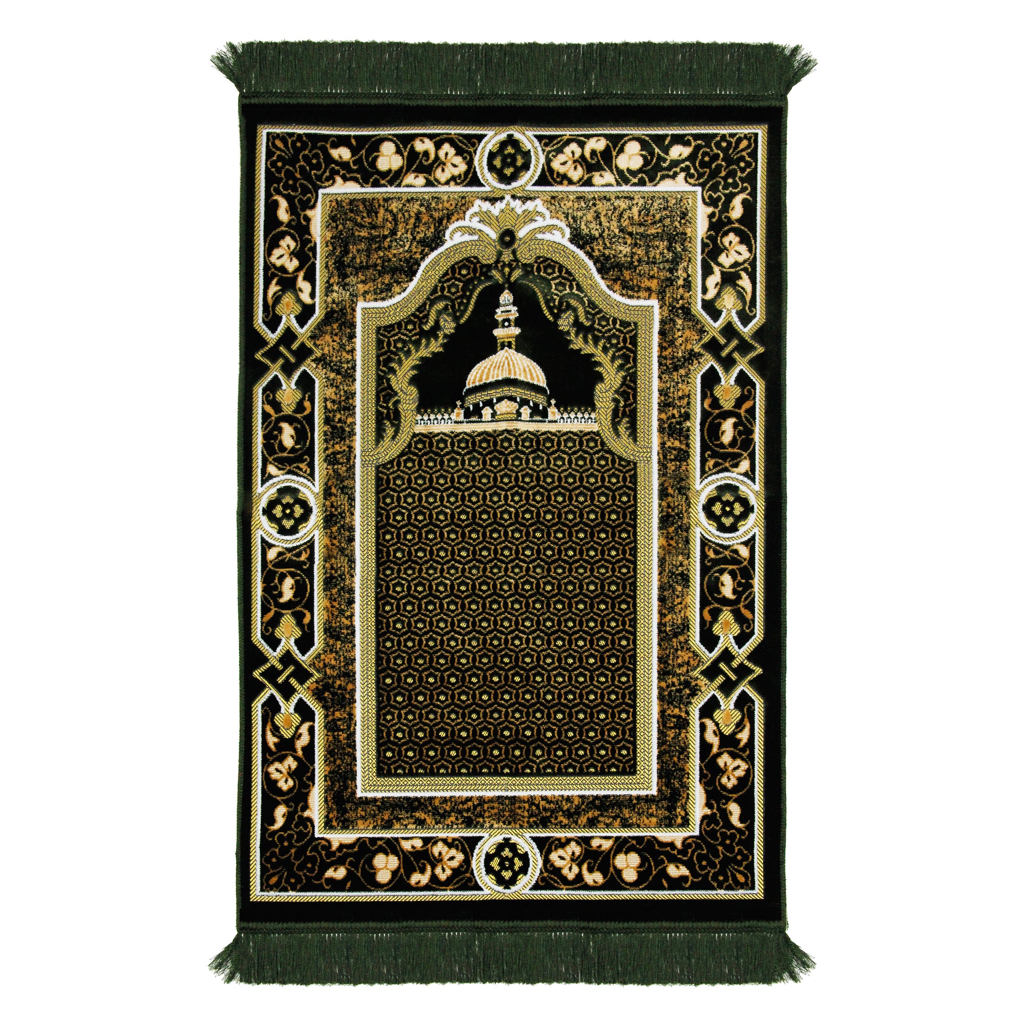Dark Green Suede Janamaz Medina Nabawi Image Prayer Rug with Tan Floral ...